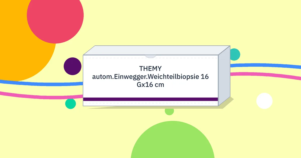 Symbolbild: Packung mit der Aufschrift THEMY autom.Einwegger.Weichteilbiopsie 16 Gx16 cm (PZN 19737364) – Verfügbarkeit und Bezug in Apotheken in Frankfurt am Main
