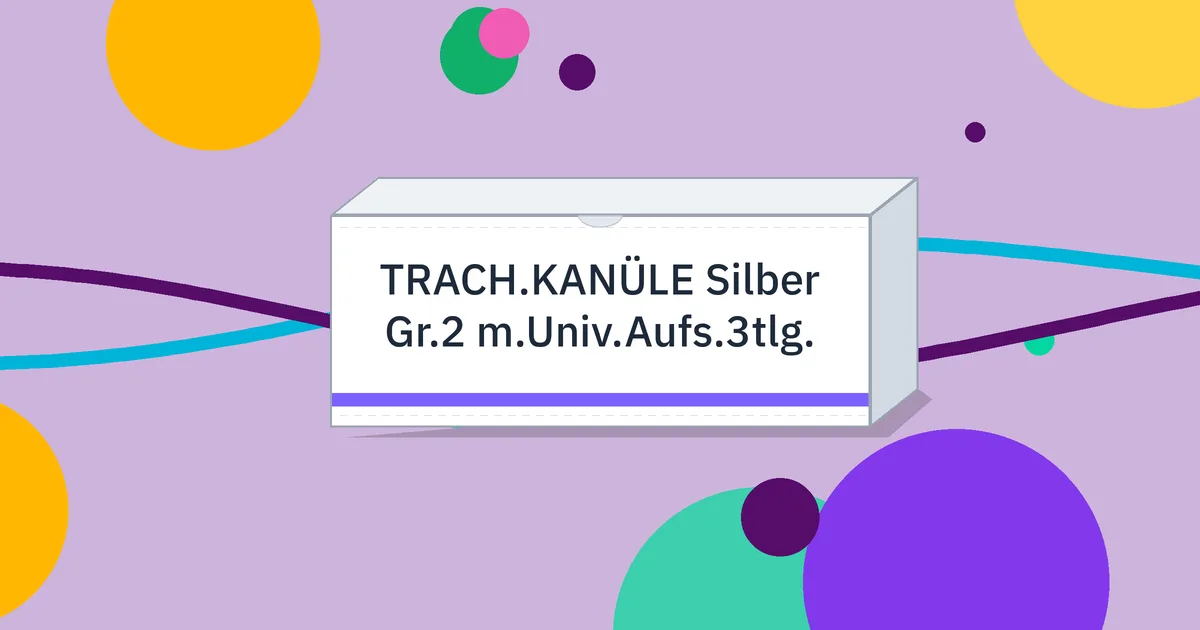 Symbolbild: Packung mit der Aufschrift TRACH.KANÜLE Silber Gr.2 m.Univ.Aufs.3tlg. (PZN 06989153) – Verfügbarkeit und Bezug in Apotheken in Frankfurt am Main