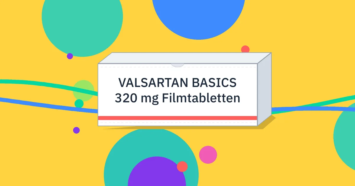 Symbolbild: Packung mit der Aufschrift VALSARTAN BASICS 320 mg Filmtabletten (PZN 08798888) – Verfügbarkeit und Bezug in Apotheken in Frankfurt am Main