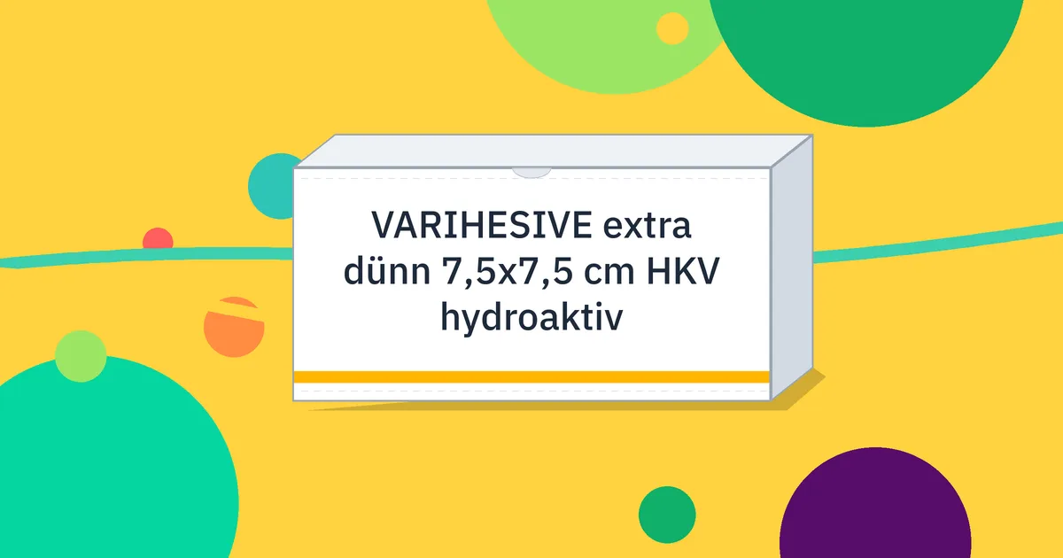 Symbolbild: Packung mit der Aufschrift VARIHESIVE extra dünn 7,5x7,5 cm HKV hydroaktiv (PZN 19293861) – Verfügbarkeit und Bezug in Apotheken in Frankfurt am Main