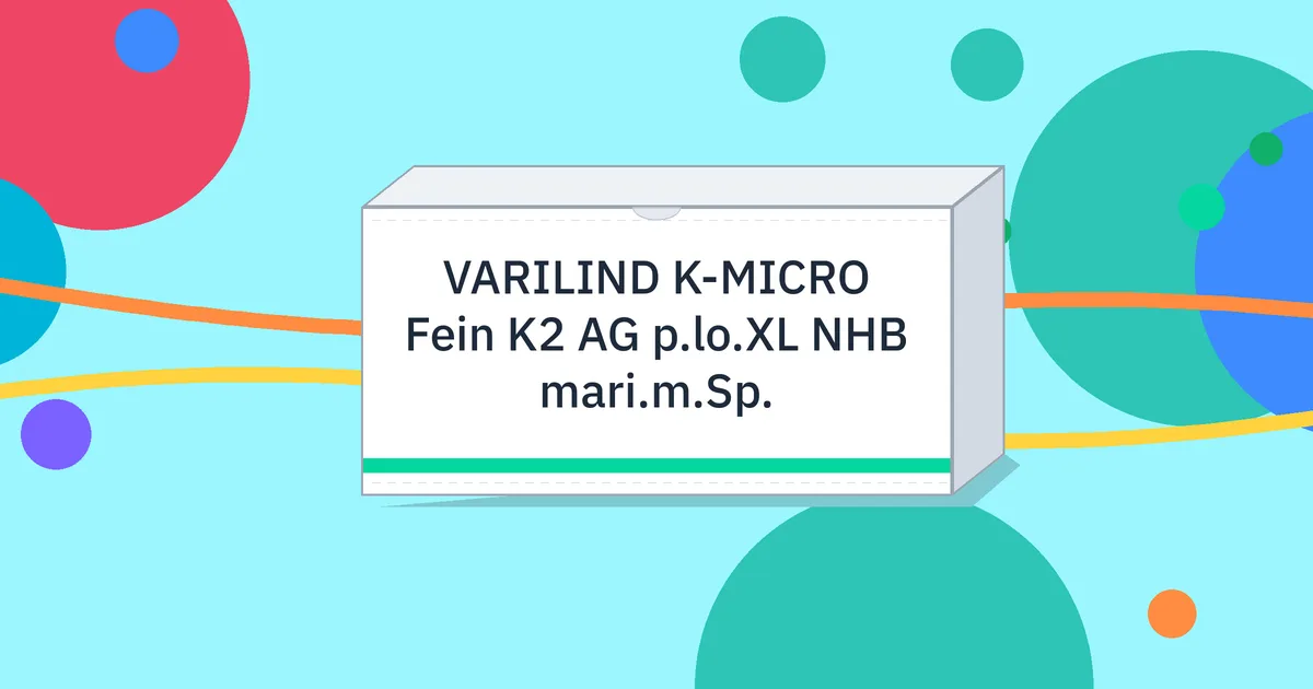 Symbolbild: Packung mit der Aufschrift VARILIND K-MICRO Fein K2 AG p.lo.XL NHB mari.m.Sp. (PZN 20556277) – Verfügbarkeit und Bezug in Apotheken in Frankfurt am Main
