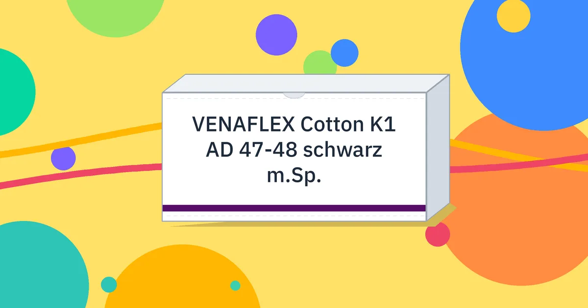 Symbolbild: Packung mit der Aufschrift VENAFLEX Cotton K1 AD 47-48 schwarz m.Sp. (PZN 18309028) – Verfügbarkeit und Bezug in Apotheken in Frankfurt am Main