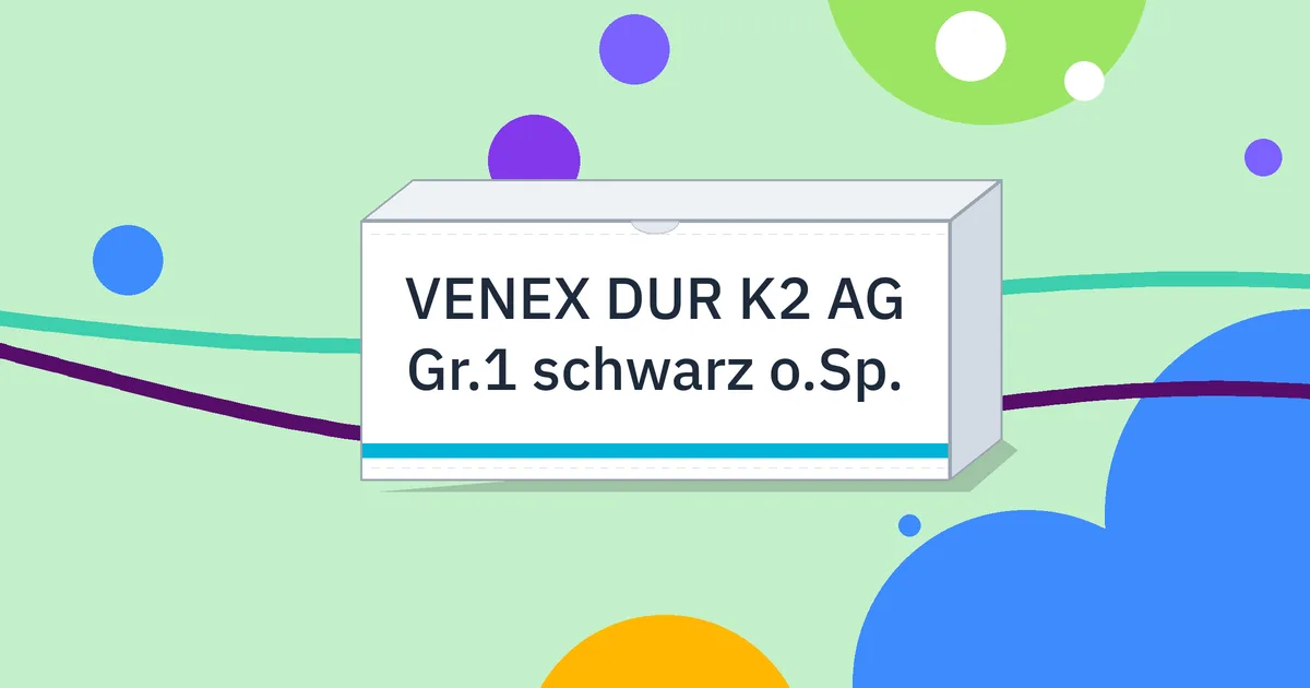 Symbolbild: Packung mit der Aufschrift VENEX DUR K2 AG Gr.1 schwarz o.Sp. (PZN 03217504) – Verfügbarkeit und Bezug in Apotheken in Frankfurt am Main