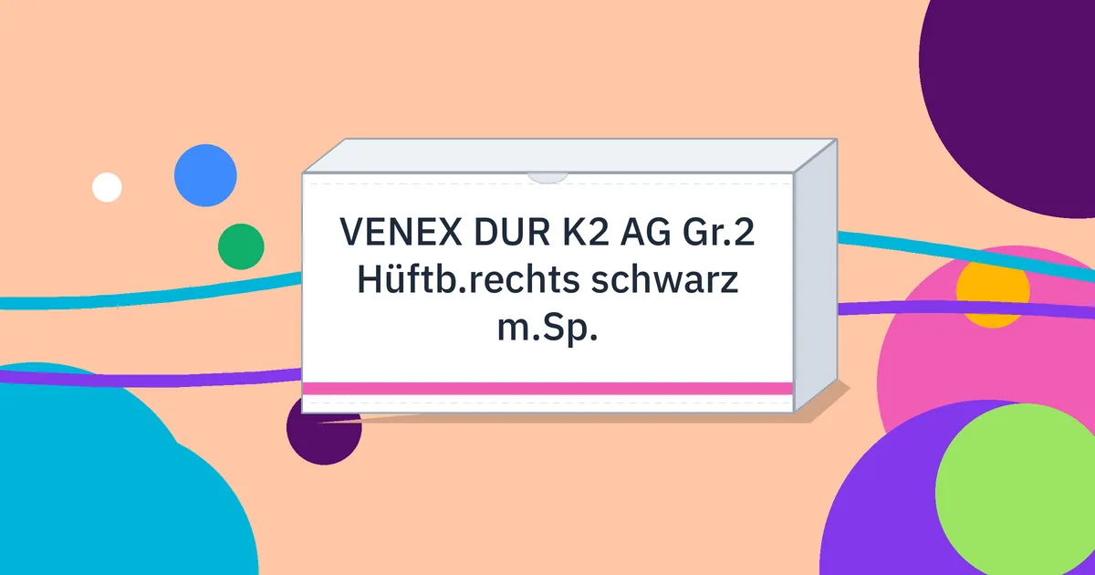 Symbolbild: Packung mit der Aufschrift VENEX DUR K2 AG Gr.2 Hüftb.rechts schwarz m.Sp. (PZN 03229223) – Verfügbarkeit und Bezug in Apotheken in Frankfurt am Main