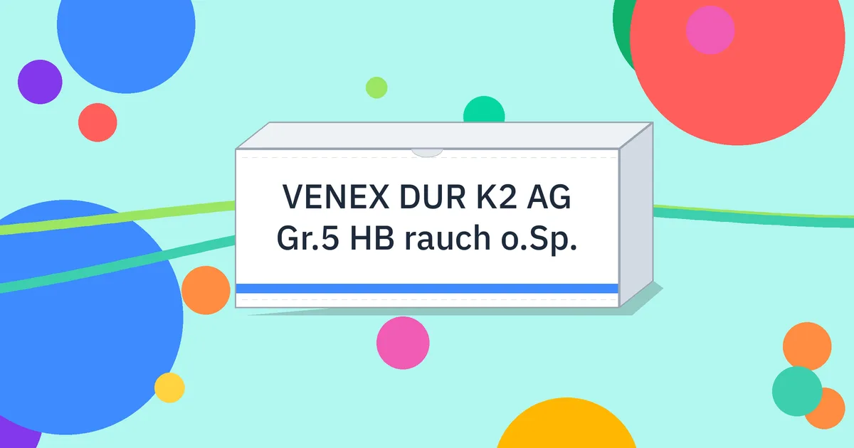 Symbolbild: Packung mit der Aufschrift VENEX DUR K2 AG Gr.5 HB rauch o.Sp. (PZN 03219650) – Verfügbarkeit und Bezug in Apotheken in Frankfurt am Main