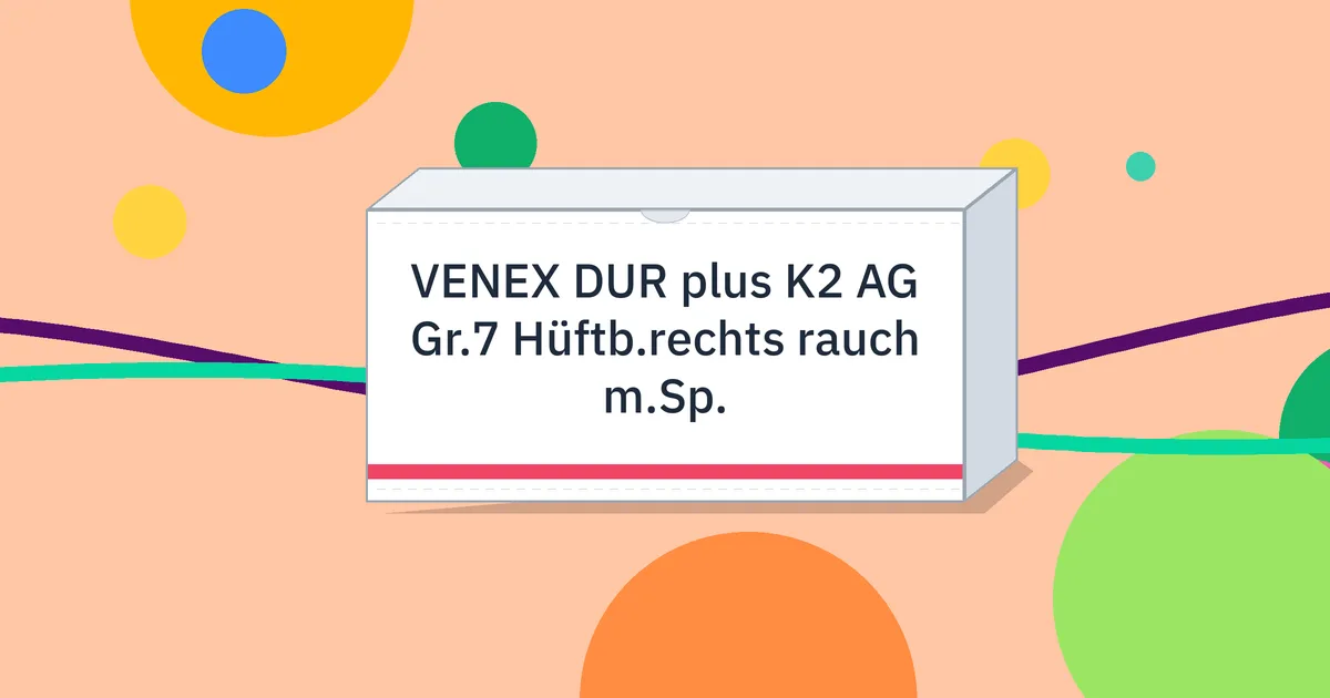 Symbolbild: Packung mit der Aufschrift VENEX DUR plus K2 AG Gr.7 Hüftb.rechts rauch m.Sp. (PZN 03239440) – Verfügbarkeit und Bezug in Apotheken in Frankfurt am Main