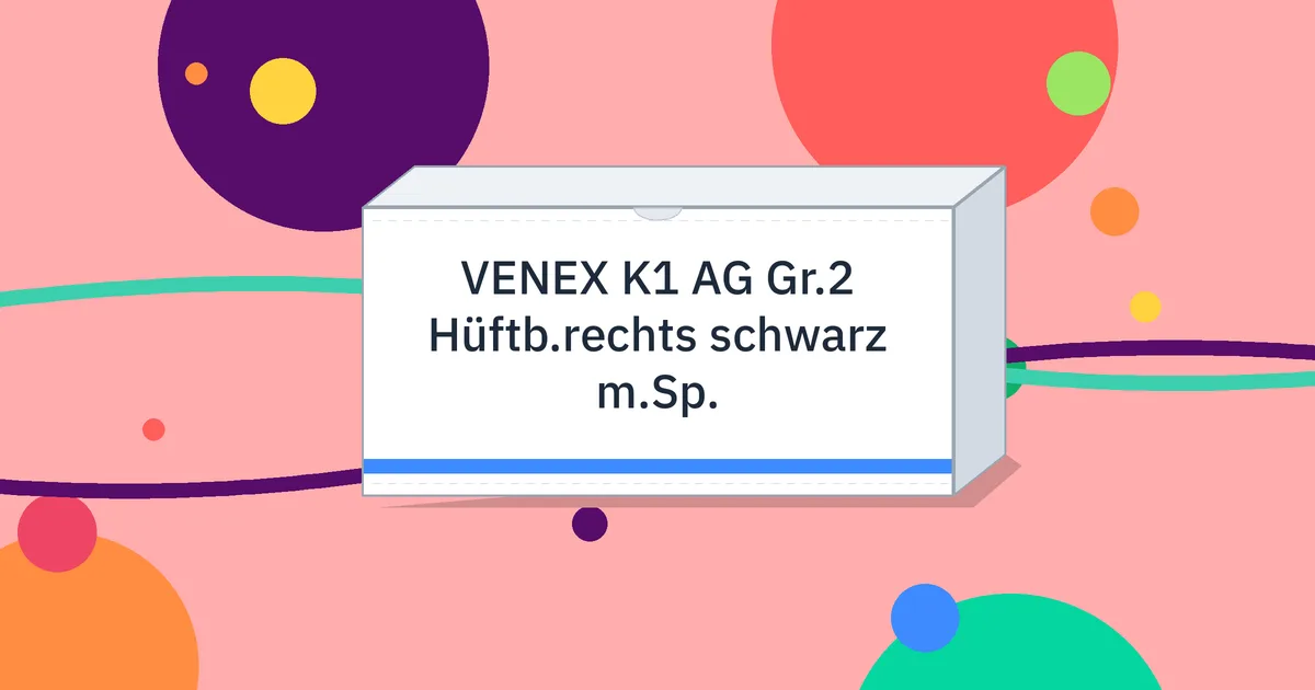 Symbolbild: Packung mit der Aufschrift VENEX K1 AG Gr.2 Hüftb.rechts schwarz m.Sp. (PZN 03203620) – Verfügbarkeit und Bezug in Apotheken in Frankfurt am Main