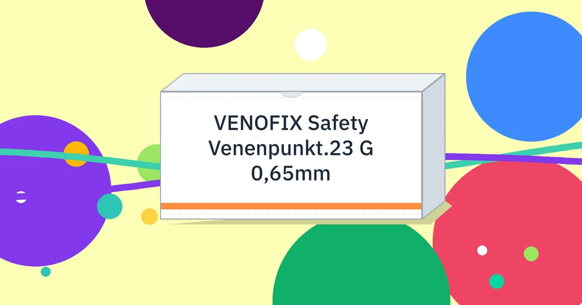 Symbolbild: Packung mit der Aufschrift VENOFIX Safety Venenpunkt.23 G 0,65mm (PZN 06837489) – Verfügbarkeit und Bezug in Apotheken in Frankfurt am Main