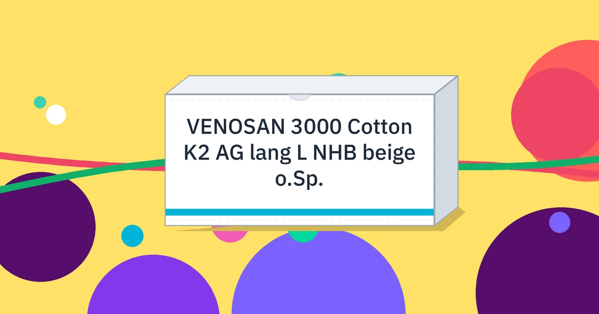 Symbolbild: Packung mit der Aufschrift VENOSAN 3000 Cotton K2 AG lang L NHB beige o.Sp. (PZN 14421538) – Verfügbarkeit und Bezug in Apotheken in Frankfurt am Main