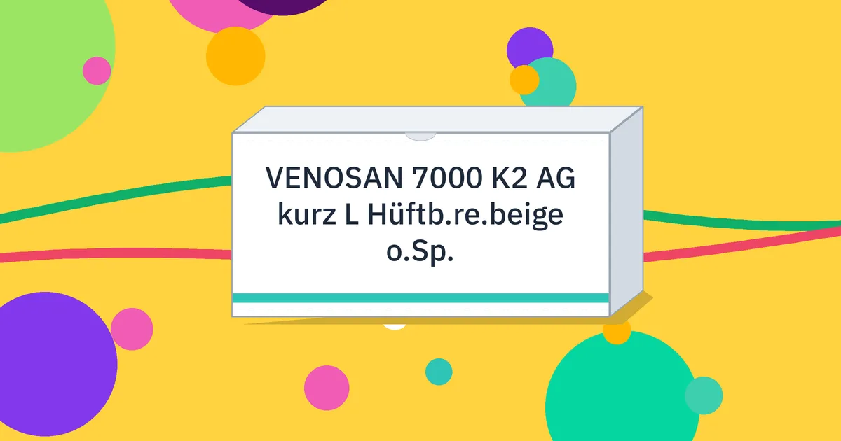 Symbolbild: Packung mit der Aufschrift VENOSAN 7000 K2 AG kurz L Hüftb.re.beige o.Sp. (PZN 14434707) – Verfügbarkeit und Bezug in Apotheken in Frankfurt am Main