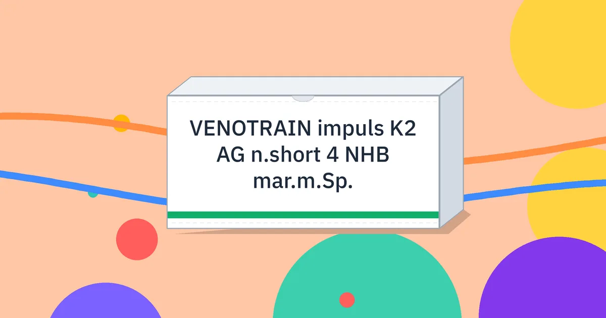 Symbolbild: Packung mit der Aufschrift VENOTRAIN impuls K2 AG n.short 4 NHB mar.m.Sp. (PZN 15214020) – Verfügbarkeit und Bezug in Apotheken in Frankfurt am Main
