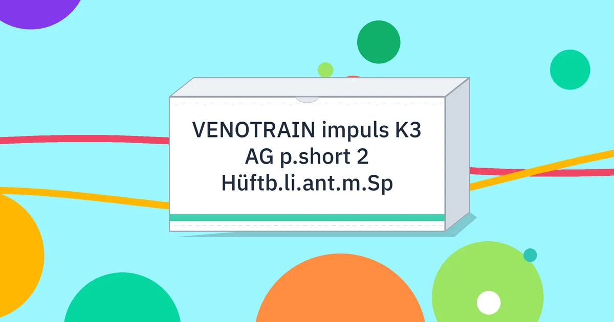 Symbolbild: Packung mit der Aufschrift VENOTRAIN impuls K3 AG p.short 2 Hüftb.li.ant.m.Sp (PZN 15220635) – Verfügbarkeit und Bezug in Apotheken in Frankfurt am Main
