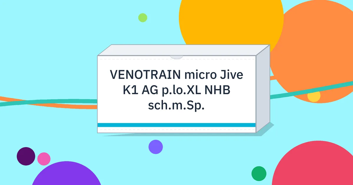Symbolbild: Packung mit der Aufschrift VENOTRAIN micro Jive K1 AG p.lo.XL NHB sch.m.Sp. (PZN 17768202) – Verfügbarkeit und Bezug in Apotheken in Frankfurt am Main