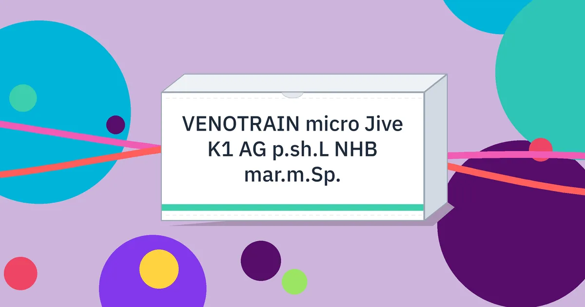 Symbolbild: Packung mit der Aufschrift VENOTRAIN micro Jive K1 AG p.sh.L NHB mar.m.Sp. (PZN 17767349) – Verfügbarkeit und Bezug in Apotheken in Frankfurt am Main