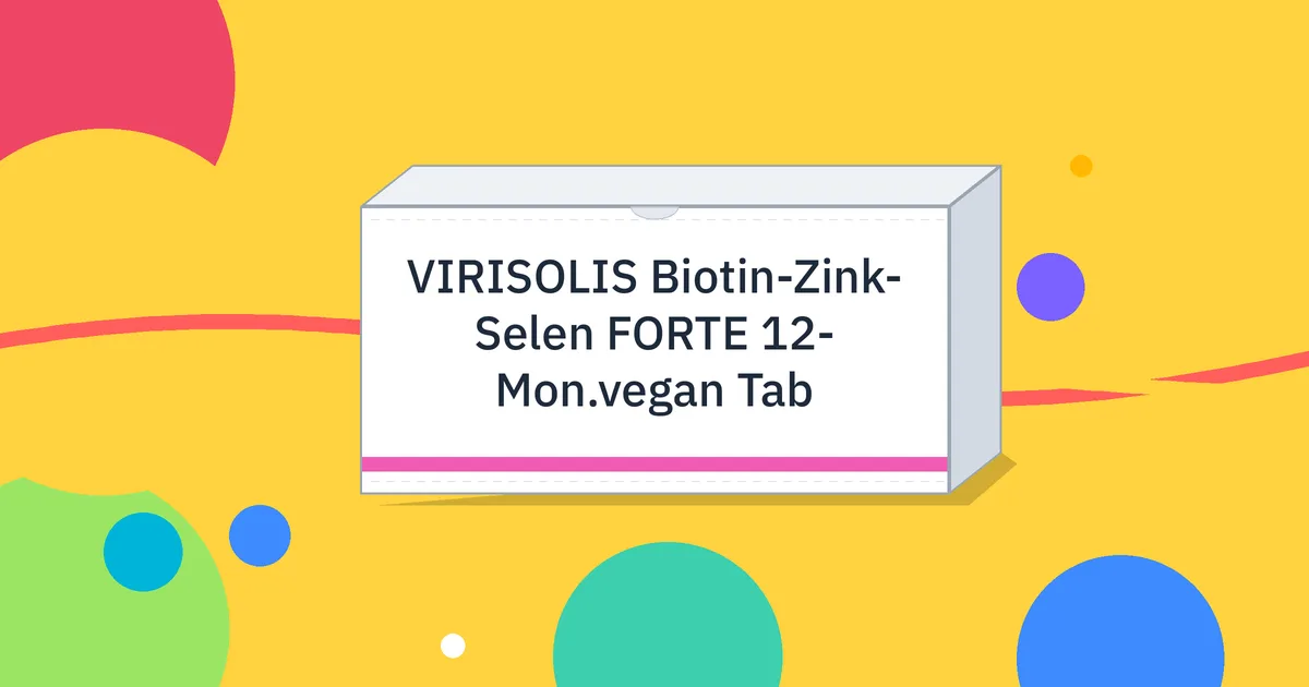 Symbolbild: Packung mit der Aufschrift VIRISOLIS Biotin-Zink-Selen FORTE 12-Mon.vegan Tab (PZN 17541496) – Verfügbarkeit und Bezug in Apotheken in Frankfurt am Main