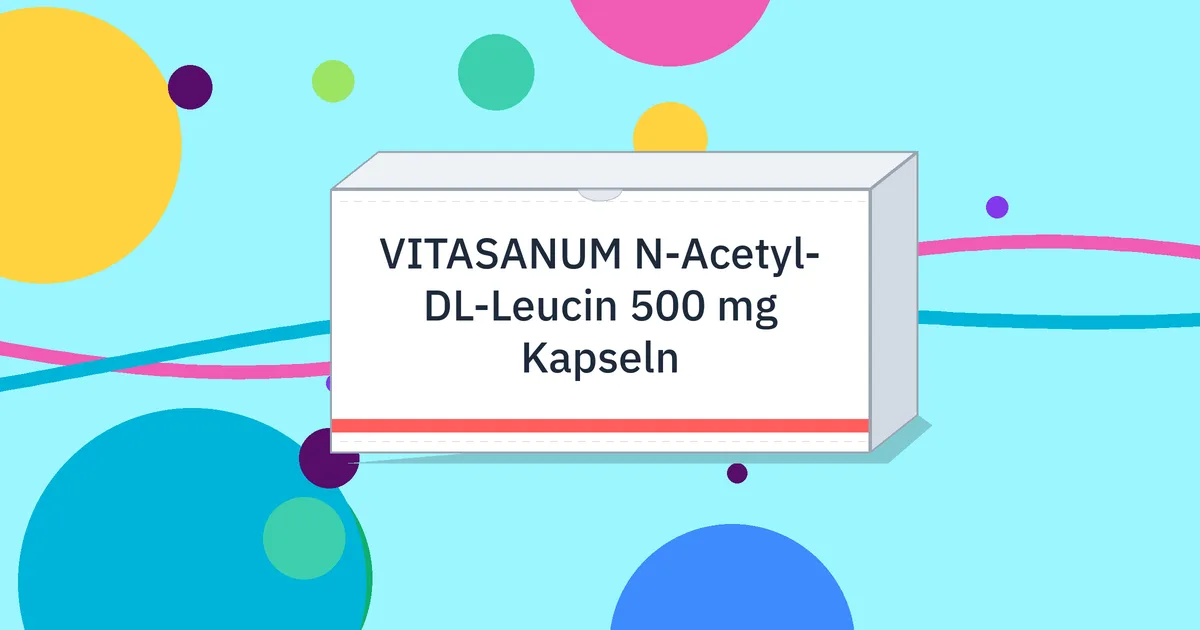Symbolbild: Packung mit der Aufschrift VITASANUM N-Acetyl-DL-Leucin 500 mg Kapseln (PZN 19853886) – Verfügbarkeit und Bezug in Apotheken in Frankfurt am Main