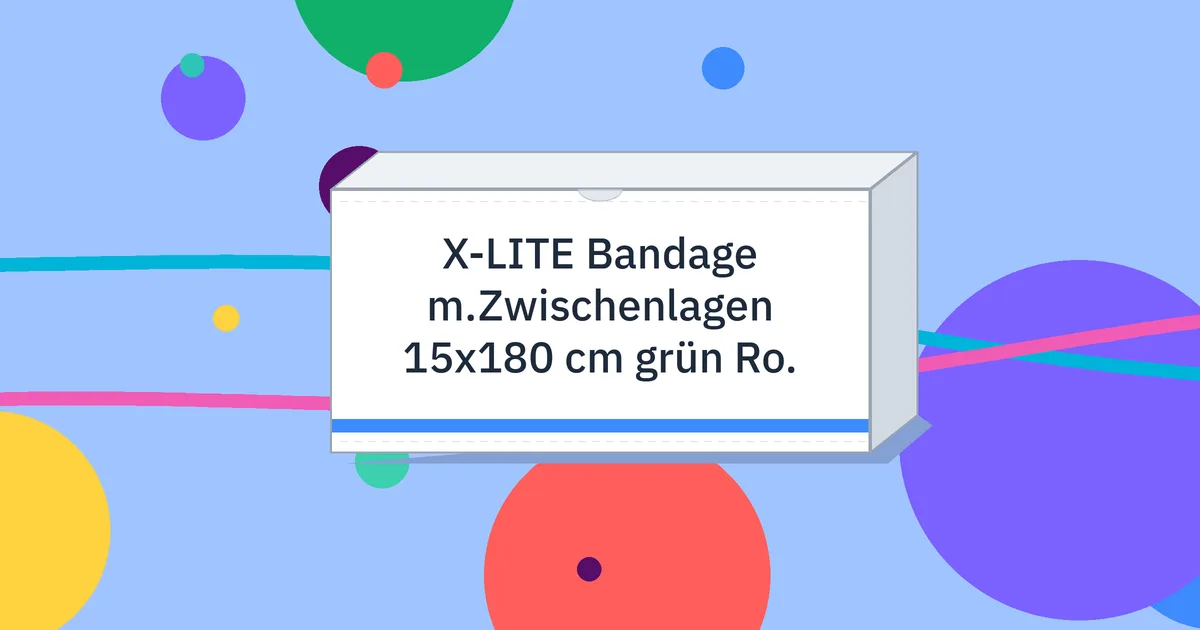 Symbolbild: Packung mit der Aufschrift X-LITE Bandage m.Zwischenlagen 15x180 cm grün Ro. (PZN 02467239) – Verfügbarkeit und Bezug in Apotheken in Frankfurt am Main