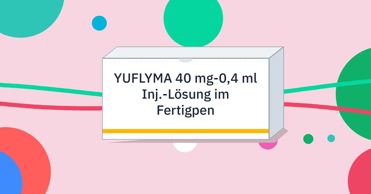 Symbolbild: Packung mit der Aufschrift YUFLYMA 40 mg-0,4 ml Inj.-Lösung im Fertigpen (PZN 18824782) – Verfügbarkeit und Bezug in Apotheken in Frankfurt am Main