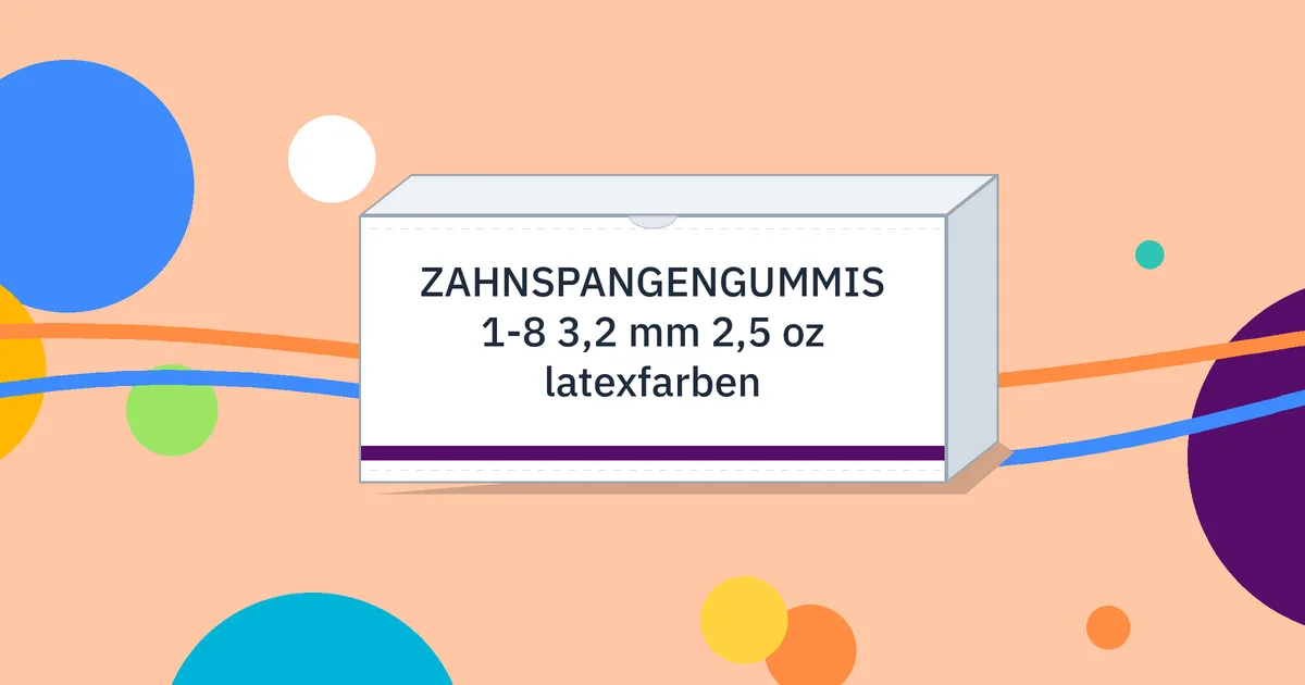 Symbolbild: Packung mit der Aufschrift ZAHNSPANGENGUMMIS 1-8 3,2 mm 2,5 oz latexfarben (PZN 19857743) – Verfügbarkeit und Bezug in Apotheken in Frankfurt am Main
