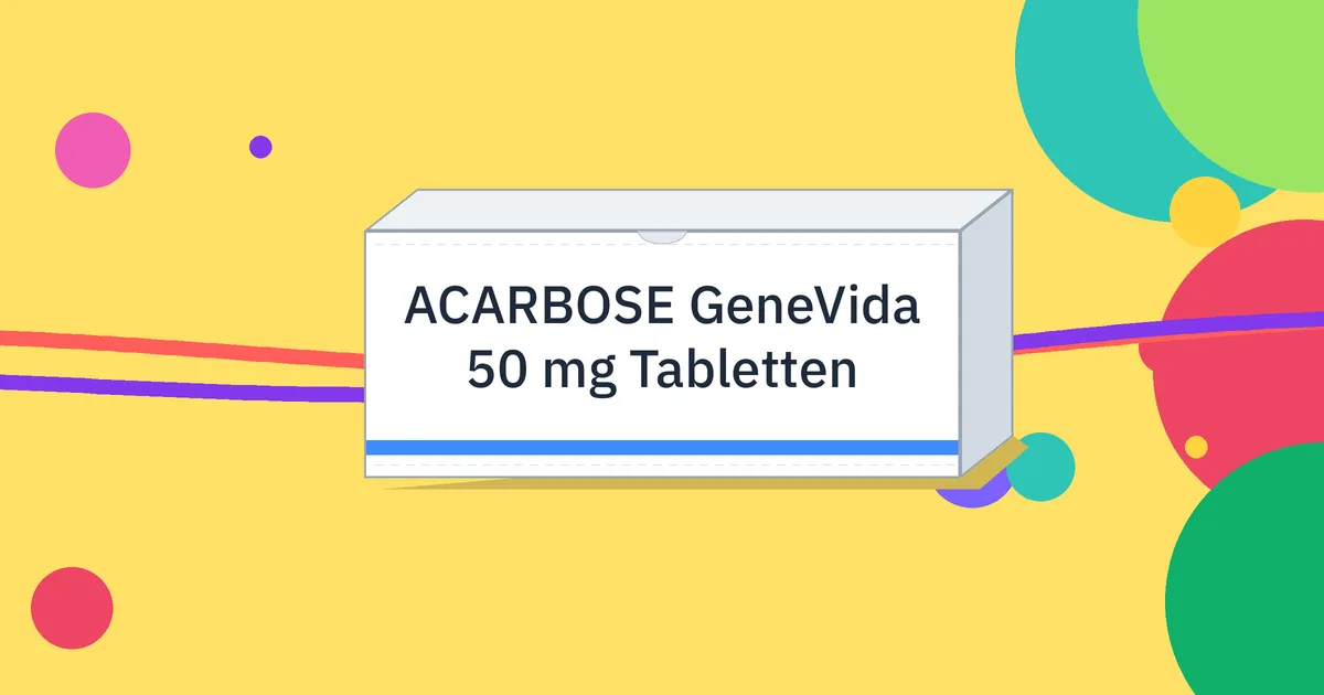 Symbolbild: Packung mit der Aufschrift ACARBOSE GeneVida 50 mg Tabletten (PZN 12559273) – Verfügbarkeit und Bezug in Apotheken in Frankfurt am Main