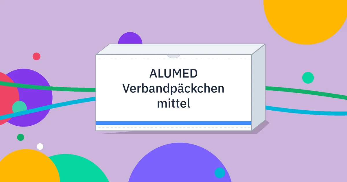 Symbolbild: Packung mit der Aufschrift ALUMED Verbandpäckchen mittel (PZN 12604453) – Verfügbarkeit und Bezug in Apotheken in Frankfurt am Main
