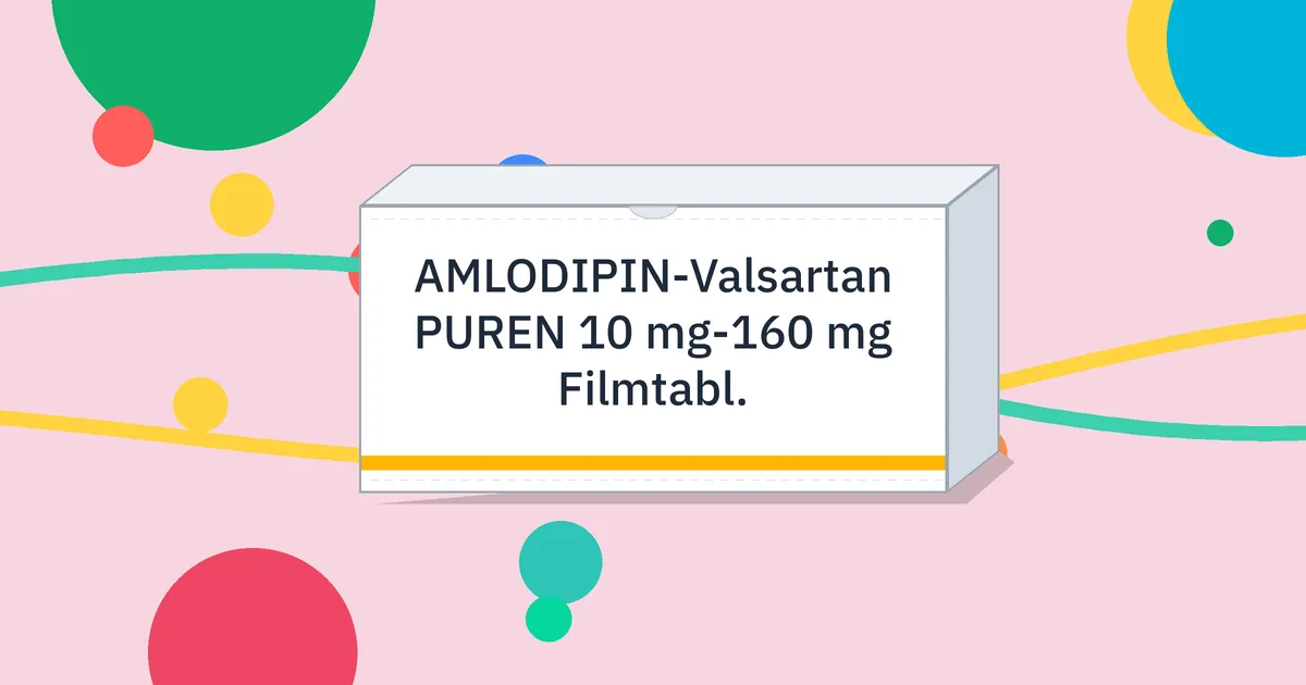 Symbolbild: Packung mit der Aufschrift AMLODIPIN-Valsartan PUREN 10 mg-160 mg Filmtabl. (PZN 12352454) – Verfügbarkeit und Bezug in Apotheken in Frankfurt am Main