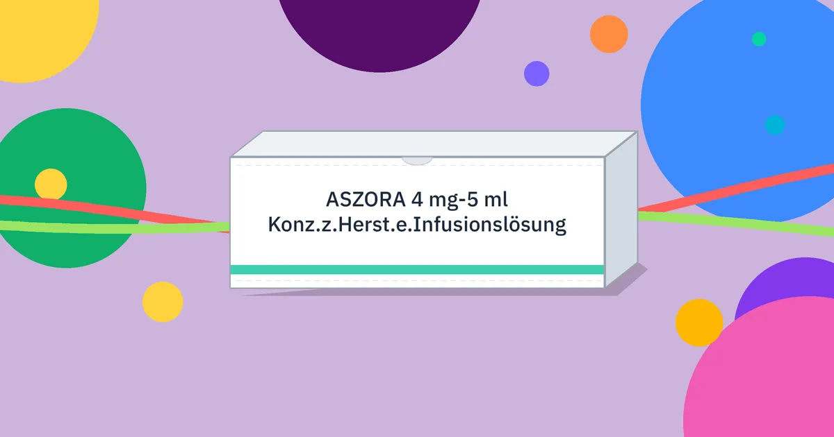 Symbolbild: Packung mit der Aufschrift ASZORA 4 mg-5 ml Konz.z.Herst.e.Infusionslösung (PZN 10228483) – Verfügbarkeit und Bezug in Apotheken in Frankfurt am Main