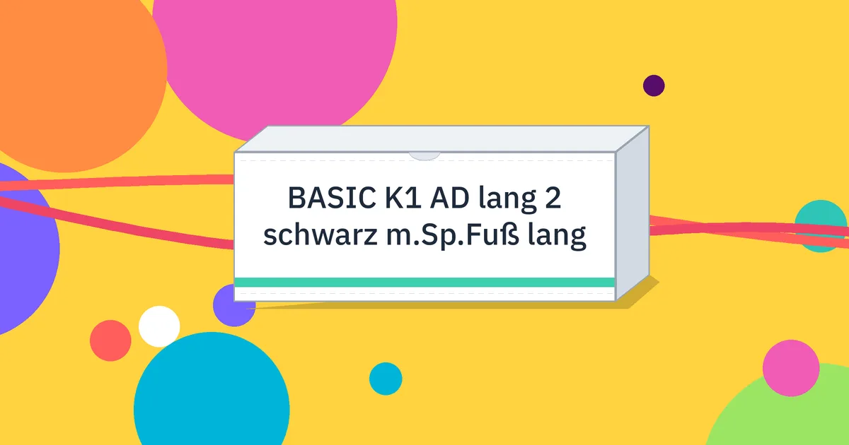 Symbolbild: Packung mit der Aufschrift BASIC K1 AD lang 2 schwarz m.Sp.Fuß lang (PZN 20257296) – Verfügbarkeit und Bezug in Apotheken in Frankfurt am Main
