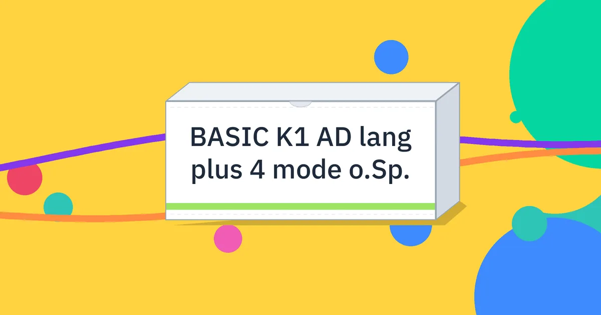 Symbolbild: Packung mit der Aufschrift BASIC K1 AD lang plus 4 mode o.Sp. (PZN 20258522) – Verfügbarkeit und Bezug in Apotheken in Frankfurt am Main