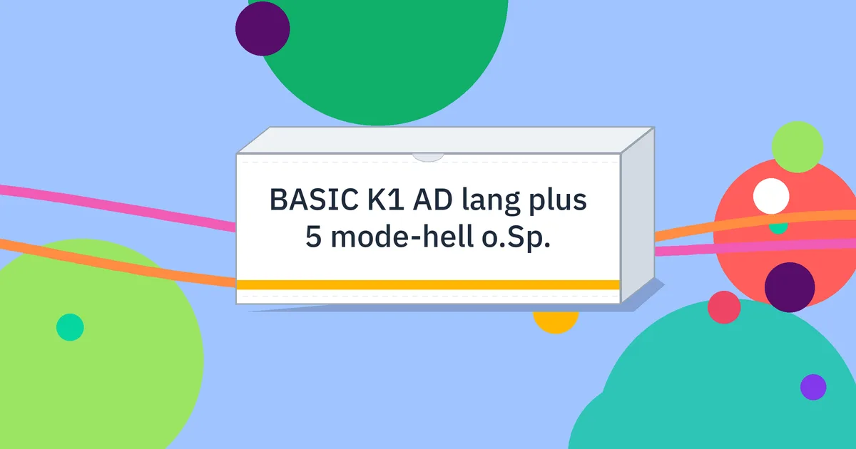 Symbolbild: Packung mit der Aufschrift BASIC K1 AD lang plus 5 mode-hell o.Sp. (PZN 20258812) – Verfügbarkeit und Bezug in Apotheken in Frankfurt am Main