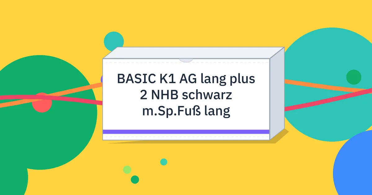 Symbolbild: Packung mit der Aufschrift BASIC K1 AG lang plus 2 NHB schwarz m.Sp.Fuß lang (PZN 20259987) – Verfügbarkeit und Bezug in Apotheken in Frankfurt am Main