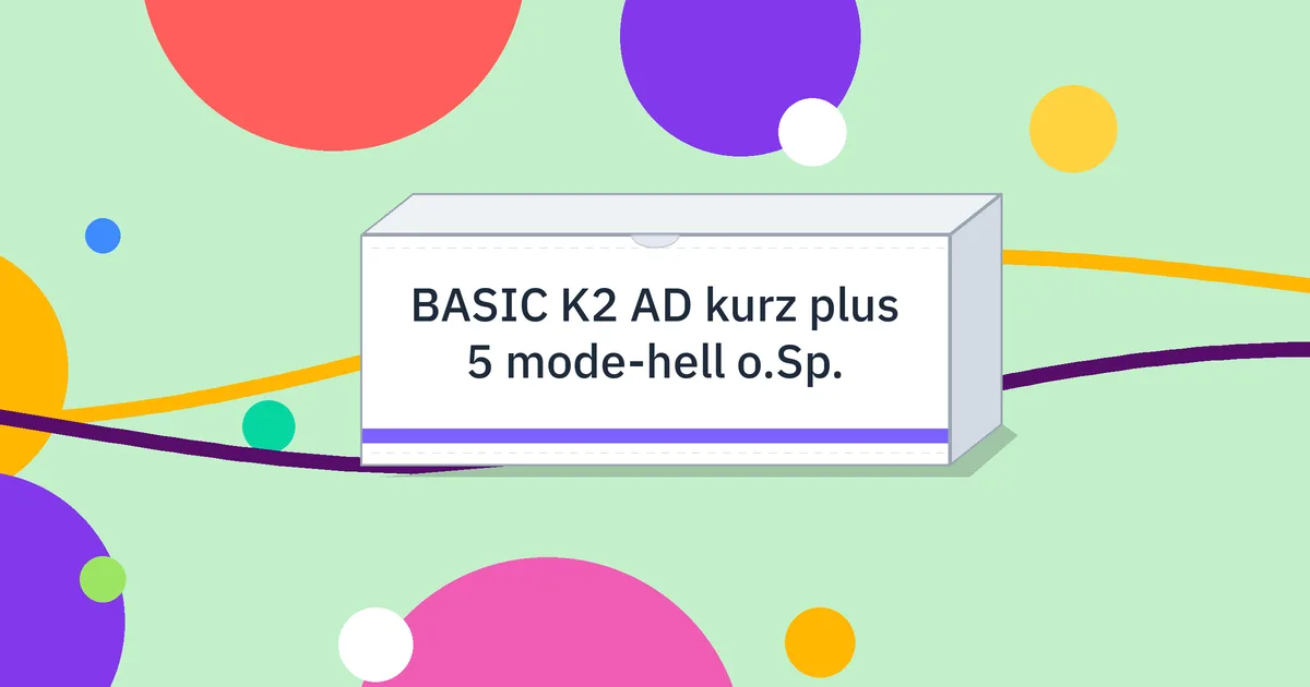Symbolbild: Packung mit der Aufschrift BASIC K2 AD kurz plus 5 mode-hell o.Sp. (PZN 20265396) – Verfügbarkeit und Bezug in Apotheken in Frankfurt am Main