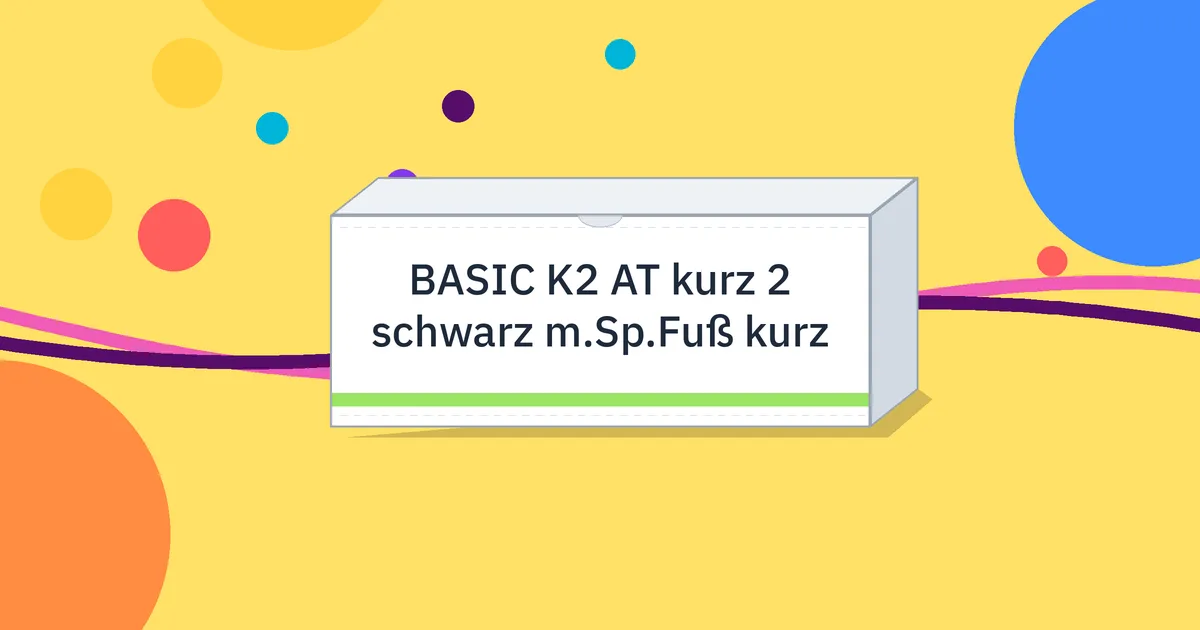 Symbolbild: Packung mit der Aufschrift BASIC K2 AT kurz 2 schwarz m.Sp.Fuß kurz (PZN 20268911) – Verfügbarkeit und Bezug in Apotheken in Frankfurt am Main