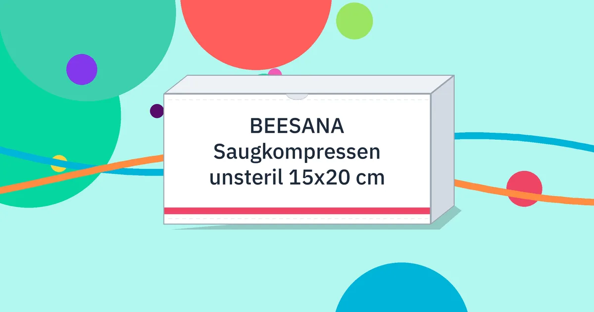 Symbolbild: Packung mit der Aufschrift BEESANA Saugkompressen unsteril 15x20 cm (PZN 12146625) – Verfügbarkeit und Bezug in Apotheken in Frankfurt am Main
