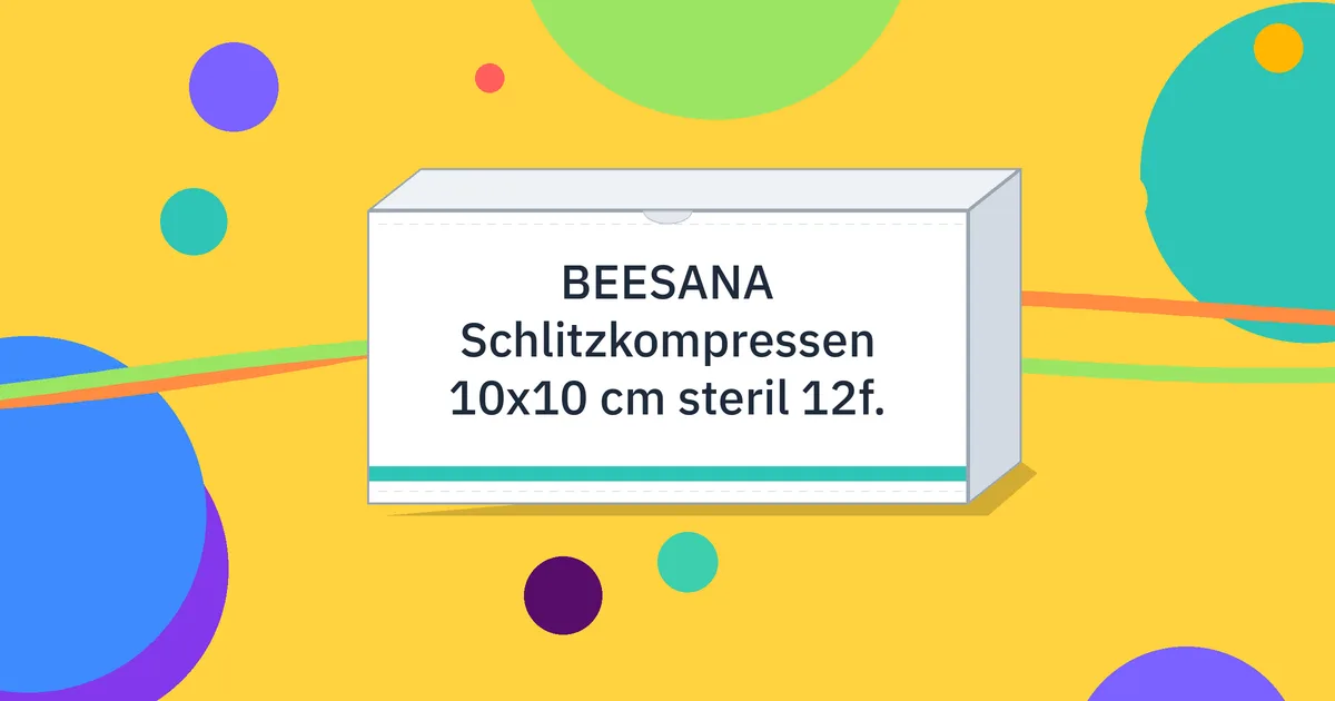 Symbolbild: Packung mit der Aufschrift BEESANA Schlitzkompressen 10x10 cm steril 12f. (PZN 01916646) – Verfügbarkeit und Bezug in Apotheken in Frankfurt am Main