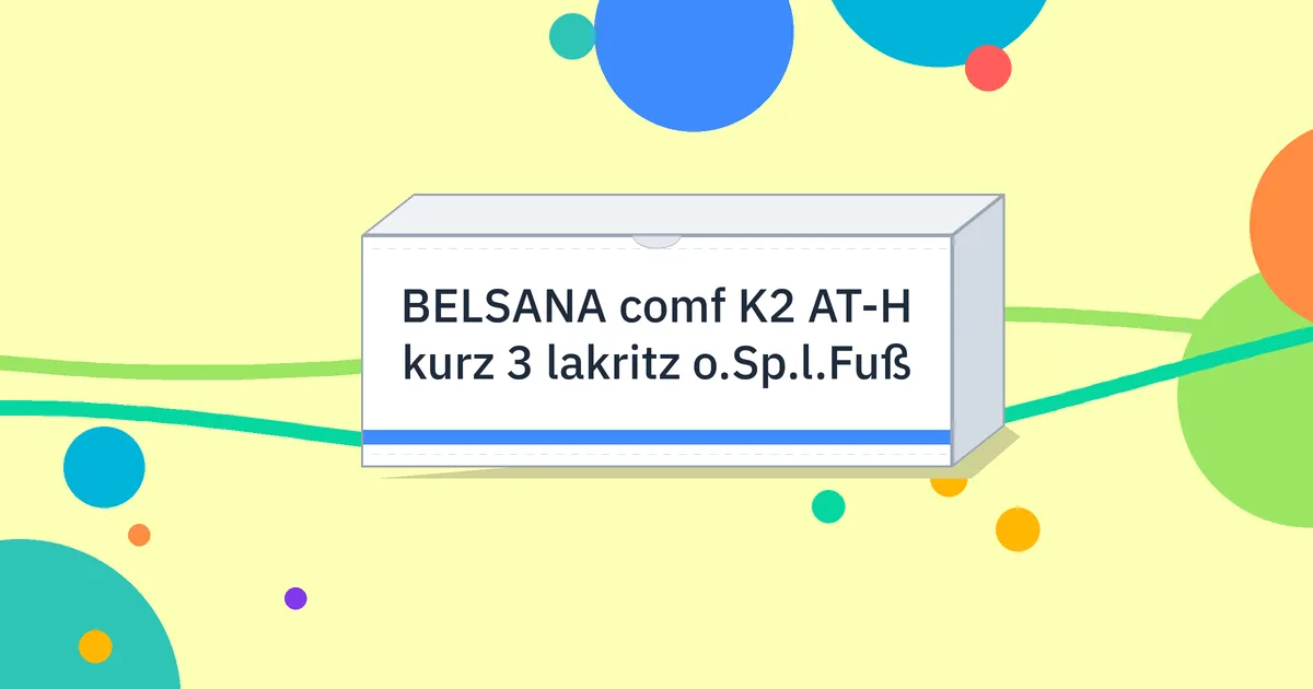 Symbolbild: Packung mit der Aufschrift BELSANA comf K2 AT-H kurz 3 lakritz o.Sp.l.Fuß (PZN 12329515) – Verfügbarkeit und Bezug in Apotheken in Frankfurt am Main