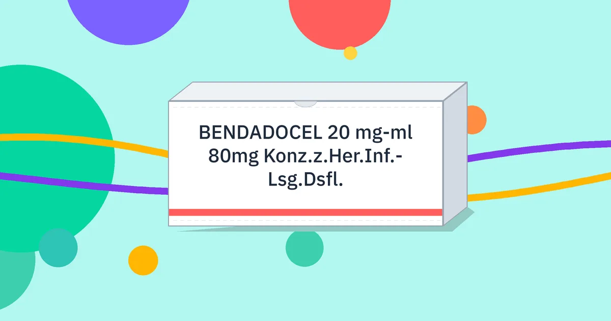 Symbolbild: Packung mit der Aufschrift BENDADOCEL 20 mg-ml 80mg Konz.z.Her.Inf.-Lsg.Dsfl. (PZN 08794502) – Verfügbarkeit und Bezug in Apotheken in Frankfurt am Main