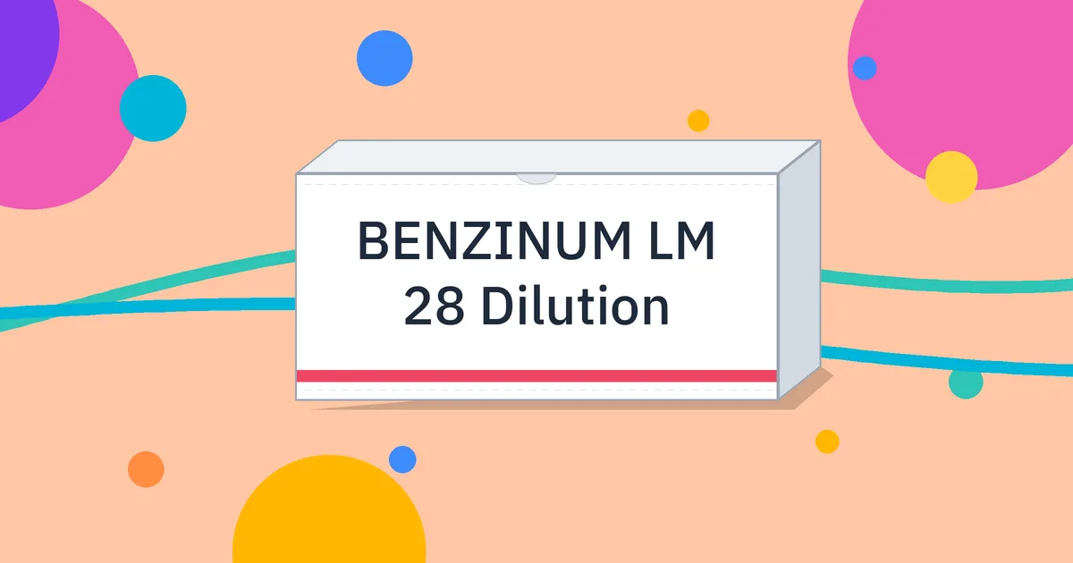 Symbolbild: Packung mit der Aufschrift BENZINUM LM 28 Dilution (PZN 12792213) – Verfügbarkeit und Bezug in Apotheken in Frankfurt am Main