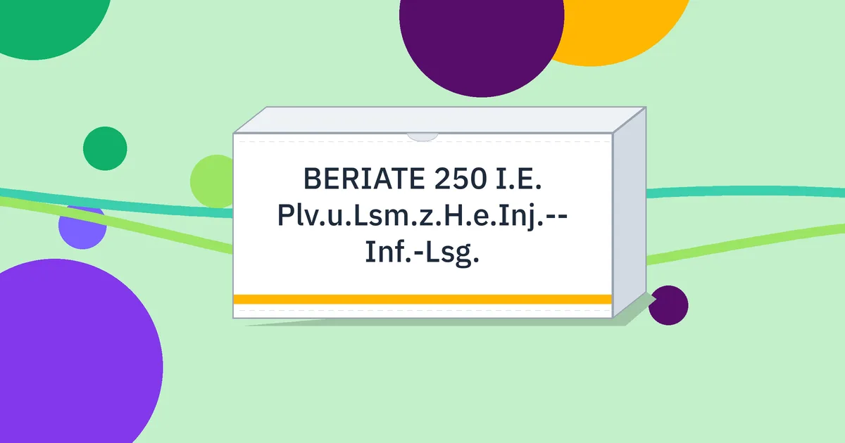 Symbolbild: Packung mit der Aufschrift BERIATE 250 I.E. Plv.u.Lsm.z.H.e.Inj.--Inf.-Lsg. (PZN 09444885) – Verfügbarkeit und Bezug in Apotheken in Frankfurt am Main