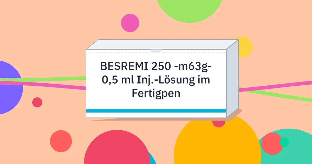 Symbolbild: Packung mit der Aufschrift BESREMI 250 -m63g-0,5 ml Inj.-Lösung im Fertigpen (PZN 20372749) – Verfügbarkeit und Bezug in Apotheken in Frankfurt am Main