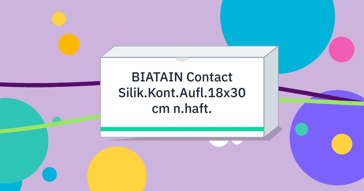 Symbolbild: Packung mit der Aufschrift BIATAIN Contact Silik.Kont.Aufl.18x30 cm n.haft. (PZN 15628773) – Verfügbarkeit und Bezug in Apotheken in Frankfurt am Main