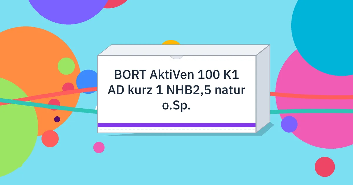 Symbolbild: Packung mit der Aufschrift BORT AktiVen 100 K1 AD kurz 1 NHB2,5 natur o.Sp. (PZN 17498300) – Verfügbarkeit und Bezug in Apotheken in Frankfurt am Main