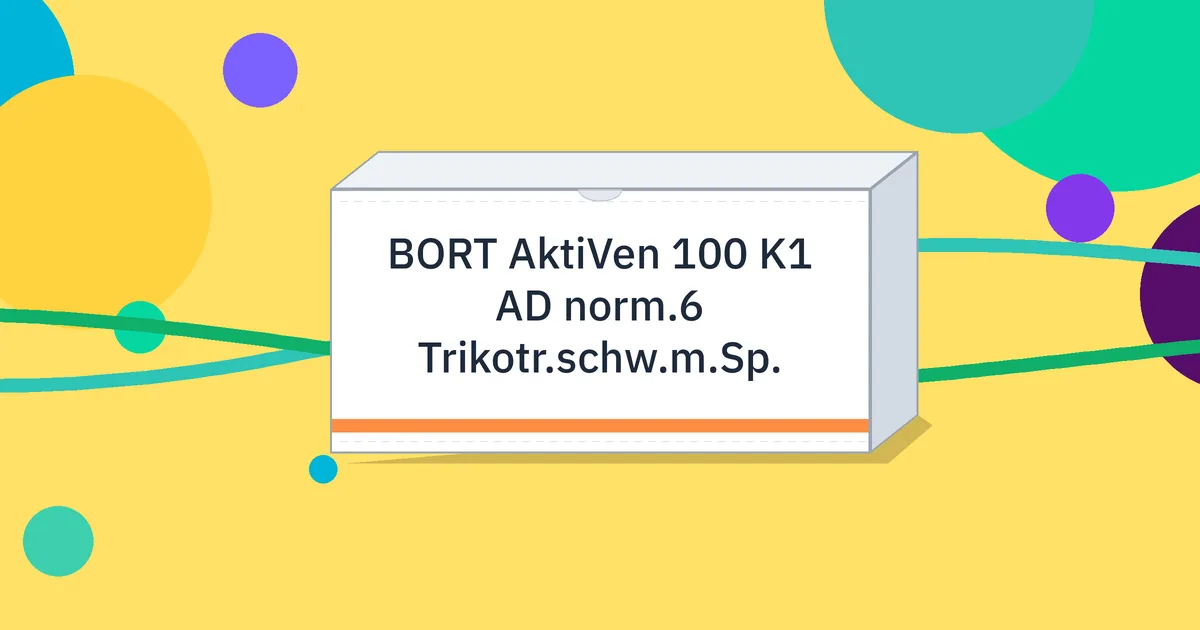 Symbolbild: Packung mit der Aufschrift BORT AktiVen 100 K1 AD norm.6 Trikotr.schw.m.Sp. (PZN 14387095) – Verfügbarkeit und Bezug in Apotheken in Frankfurt am Main