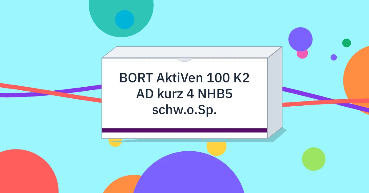Symbolbild: Packung mit der Aufschrift BORT AktiVen 100 K2 AD kurz 4 NHB5 schw.o.Sp. (PZN 17496962) – Verfügbarkeit und Bezug in Apotheken in Frankfurt am Main