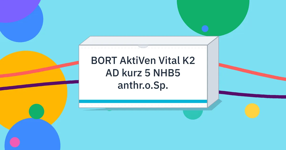 Symbolbild: Packung mit der Aufschrift BORT AktiVen Vital K2 AD kurz 5 NHB5 anthr.o.Sp. (PZN 17494934) – Verfügbarkeit und Bezug in Apotheken in Frankfurt am Main