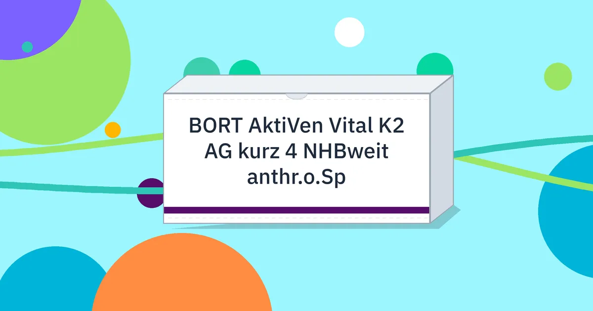 Symbolbild: Packung mit der Aufschrift BORT AktiVen Vital K2 AG kurz 4 NHBweit anthr.o.Sp (PZN 13734407) – Verfügbarkeit und Bezug in Apotheken in Frankfurt am Main