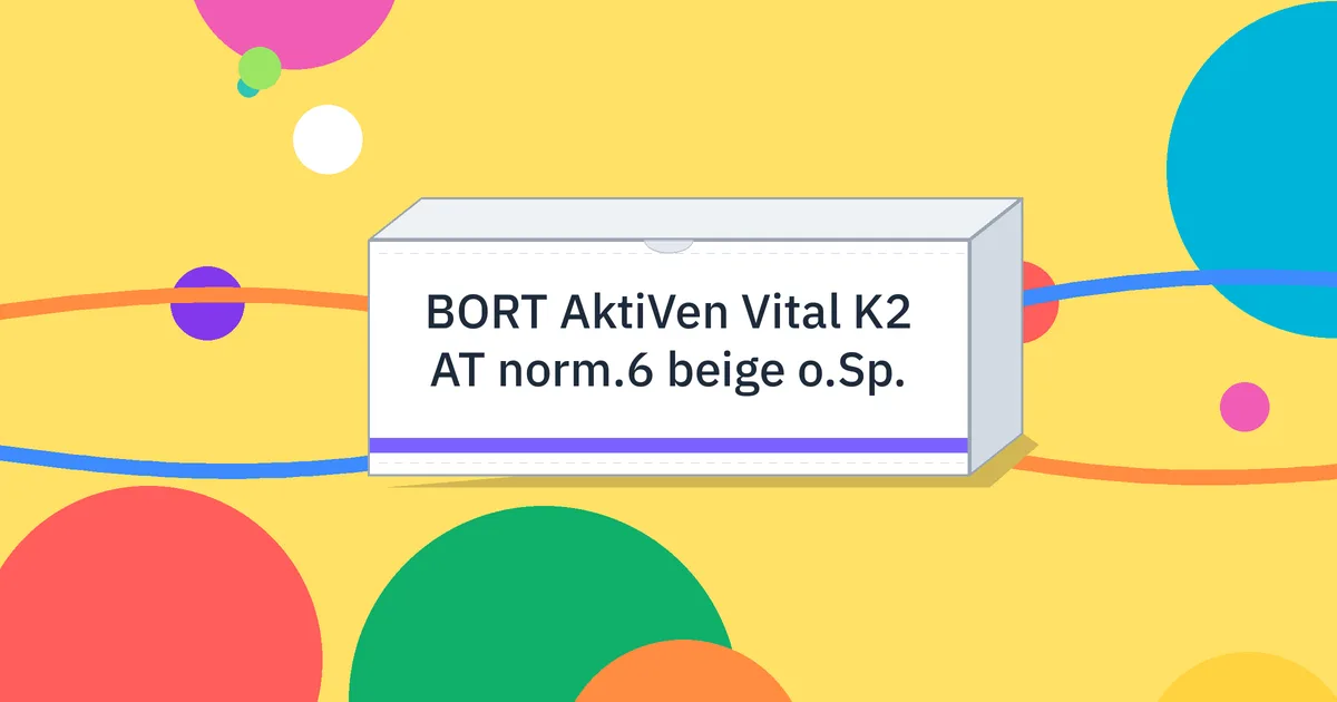 Symbolbild: Packung mit der Aufschrift BORT AktiVen Vital K2 AT norm.6 beige o.Sp. (PZN 13738977) – Verfügbarkeit und Bezug in Apotheken in Frankfurt am Main