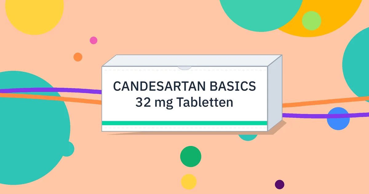 Symbolbild: Packung mit der Aufschrift CANDESARTAN BASICS 32 mg Tabletten (PZN 09482880) – Verfügbarkeit und Bezug in Apotheken in Frankfurt am Main