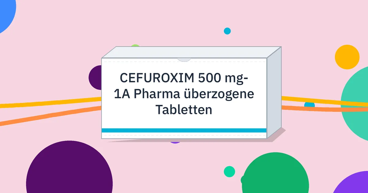 Symbolbild: Packung mit der Aufschrift CEFUROXIM 500 mg-1A Pharma überzogene Tabletten (PZN 00178560) – Verfügbarkeit und Bezug in Apotheken in Frankfurt am Main