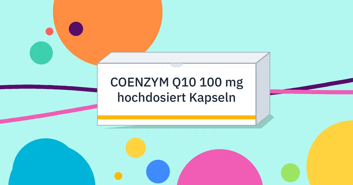 Symbolbild: Packung mit der Aufschrift COENZYM Q10 100 mg hochdosiert Kapseln (PZN 20600794) – Verfügbarkeit und Bezug in Apotheken in Frankfurt am Main